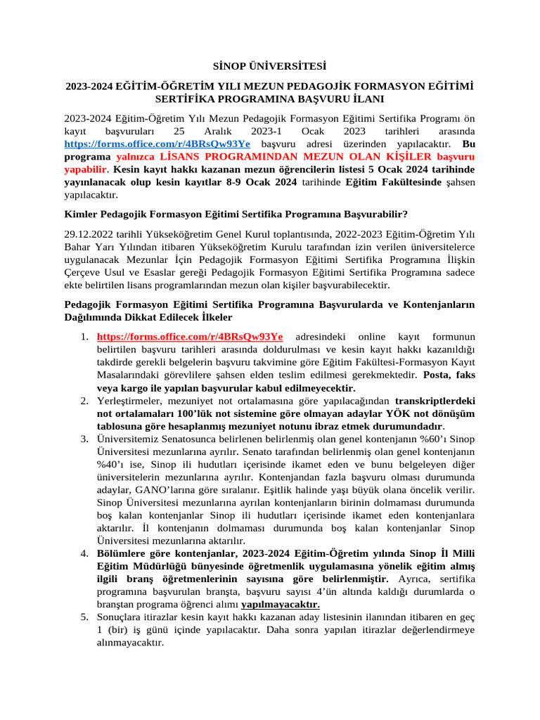 26.12. Duyuru Mezun Pedagojik Formasyon Egitimi Sertifika Programi | PDF