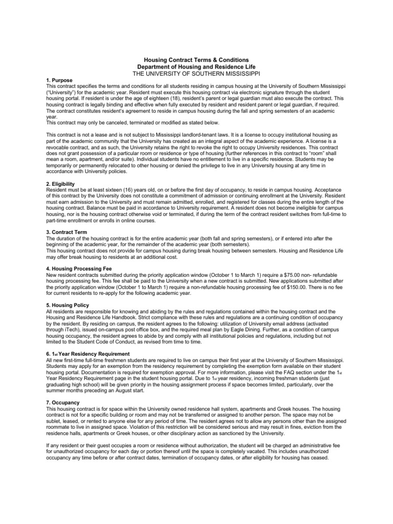 USM Housing Contract Terms & Conditions | PDF | Legal Liability | Fee