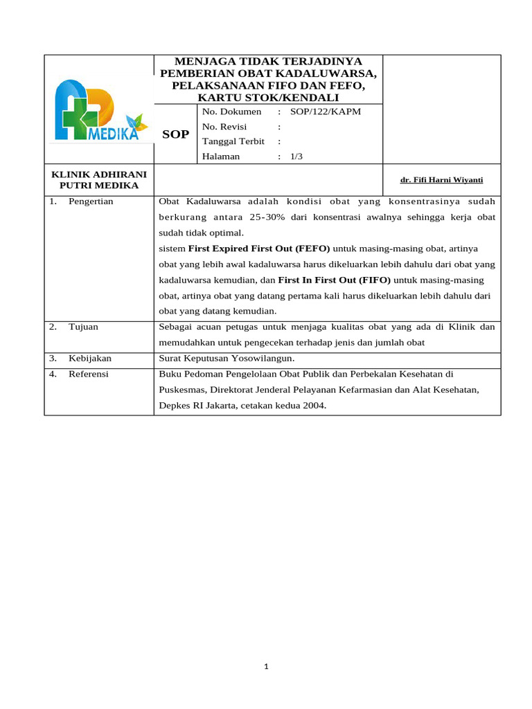 Sop Menjaga Tidak Terjadinya Pemberian Obat Kadaluwarsa, Pelaksanaan ...