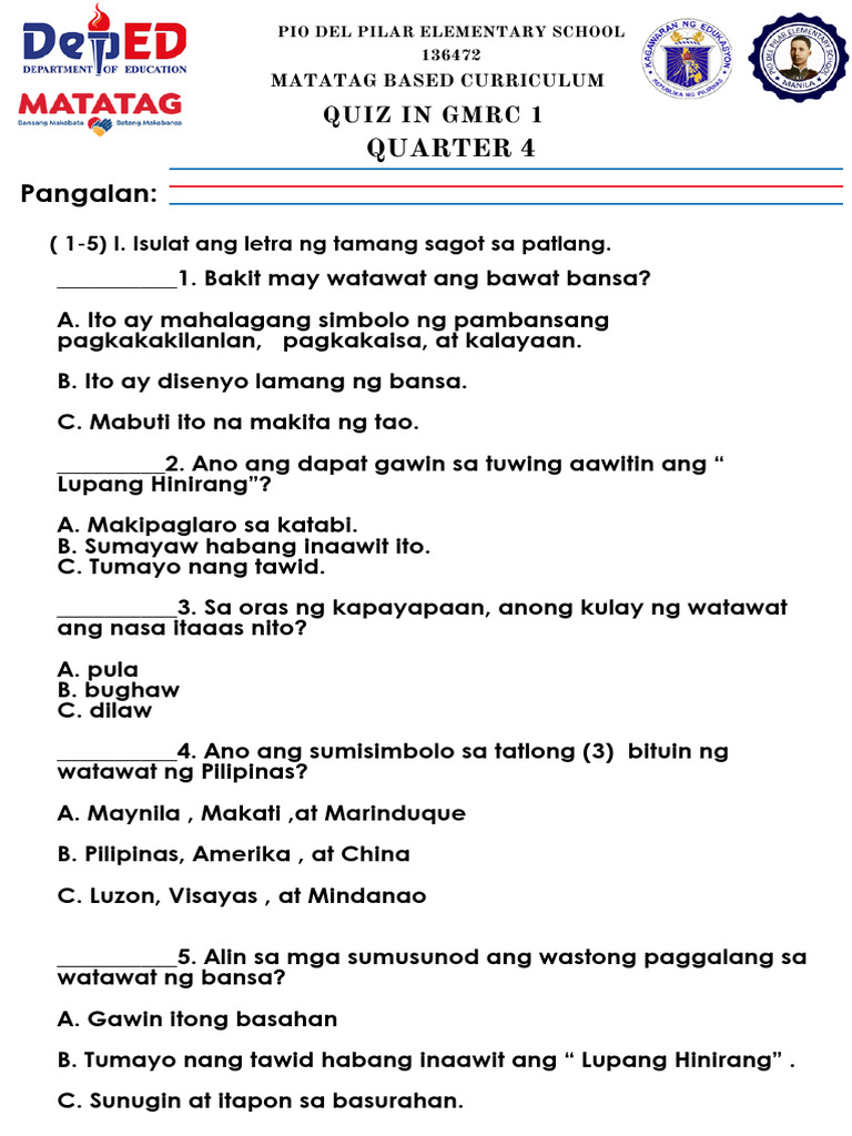 Q4-QUIZ IN GMRC- WATAWAT | PDF