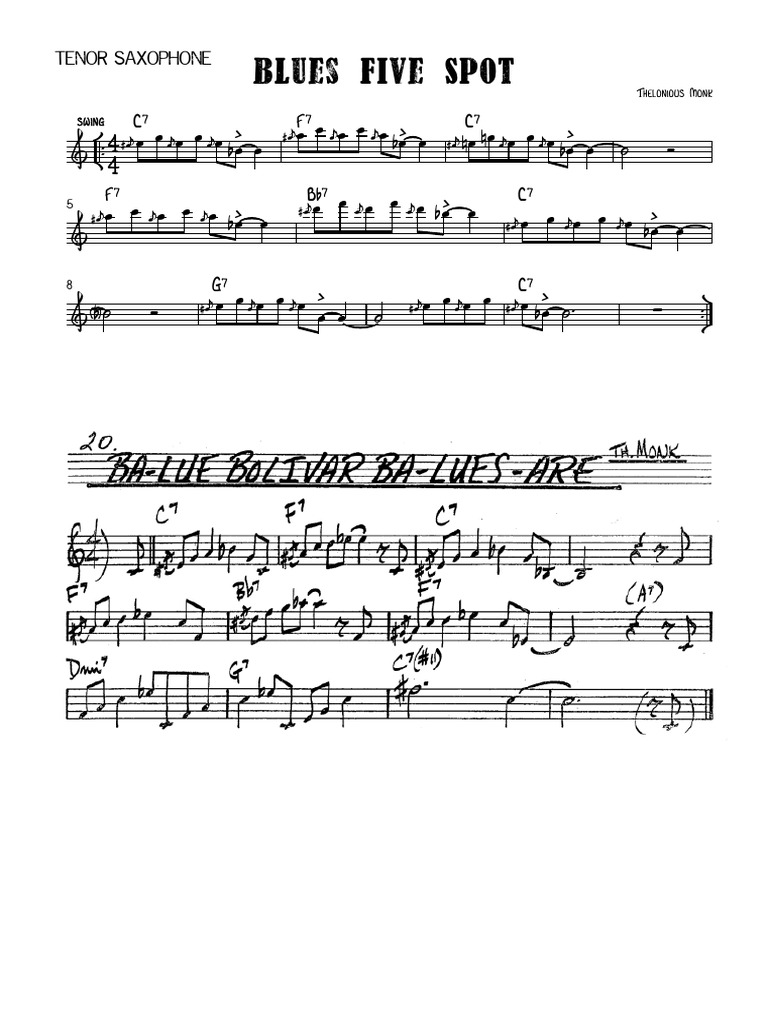 Thelonious Monk - Blues Five Spot, Ba-Lue Bolivar Ba-lues-Are - Tenor Sax | PDF