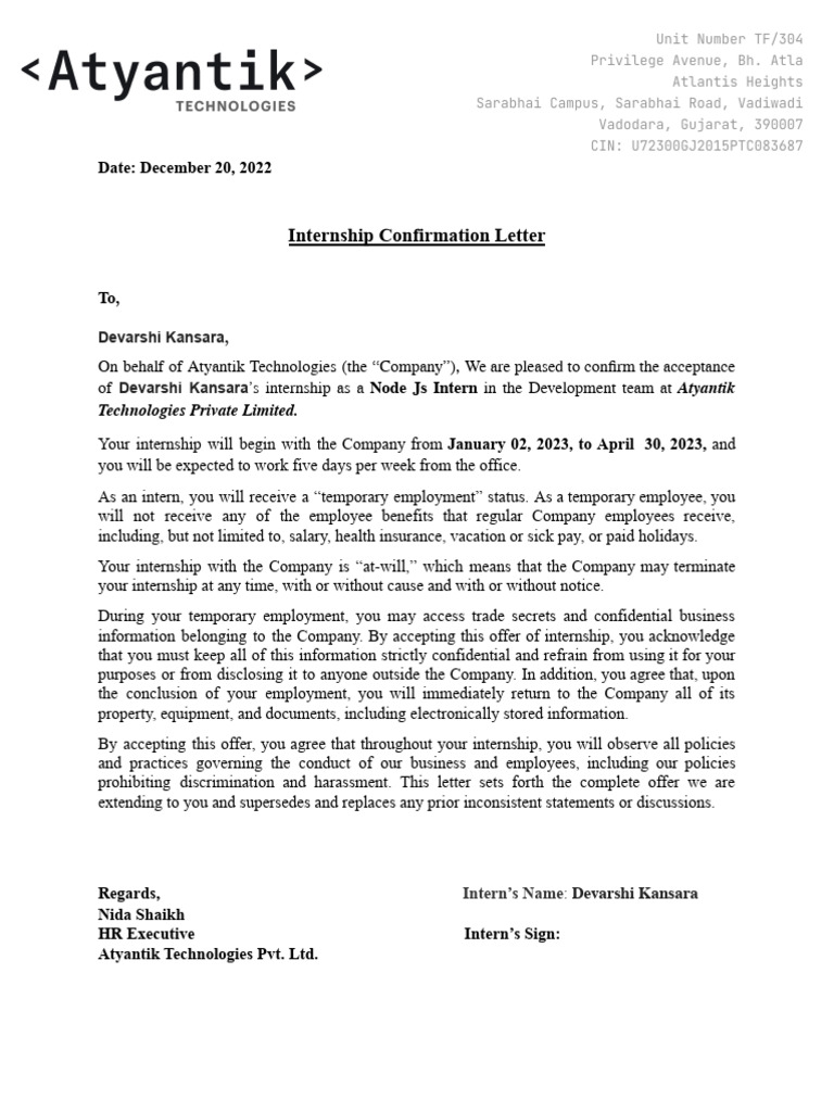 Internship Offer Letter - Devarshi Kansara | PDF | Employment | Labor Relations