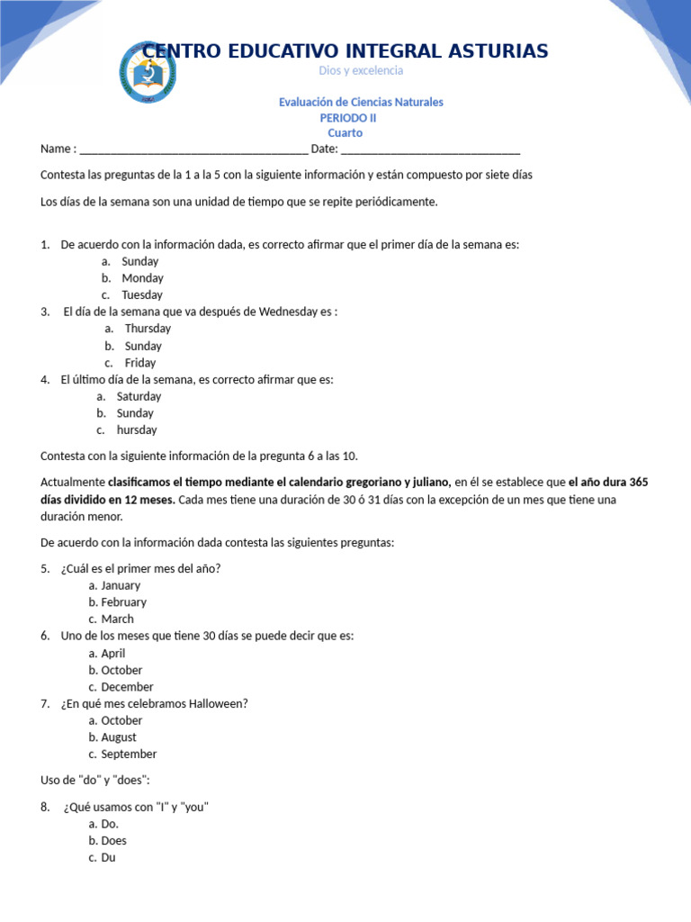 EXAMEN de Ingles Cuarto | PDF