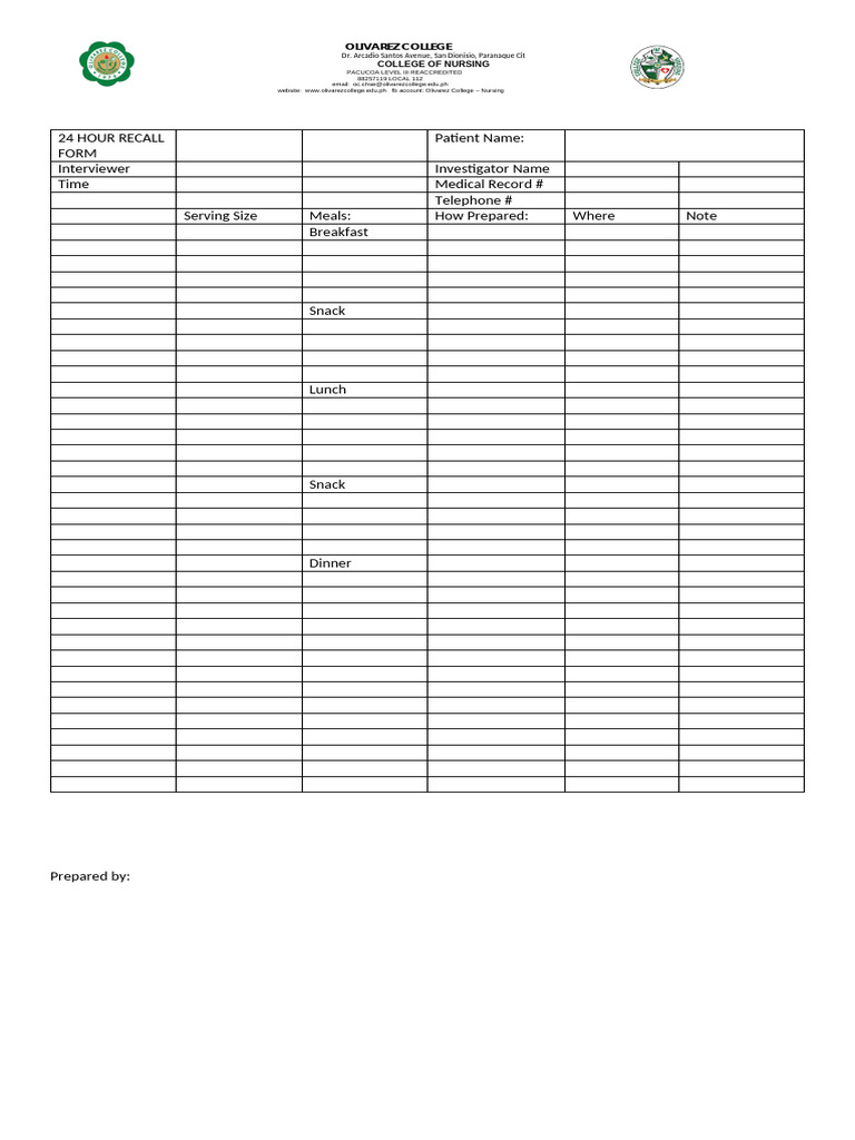 24 Hour Recall Form | PDF
