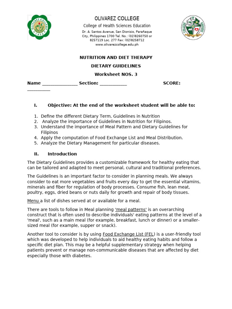 NCM 105 Lab Worksheet 3dietary Guides | PDF | Meal | Healthy Diet