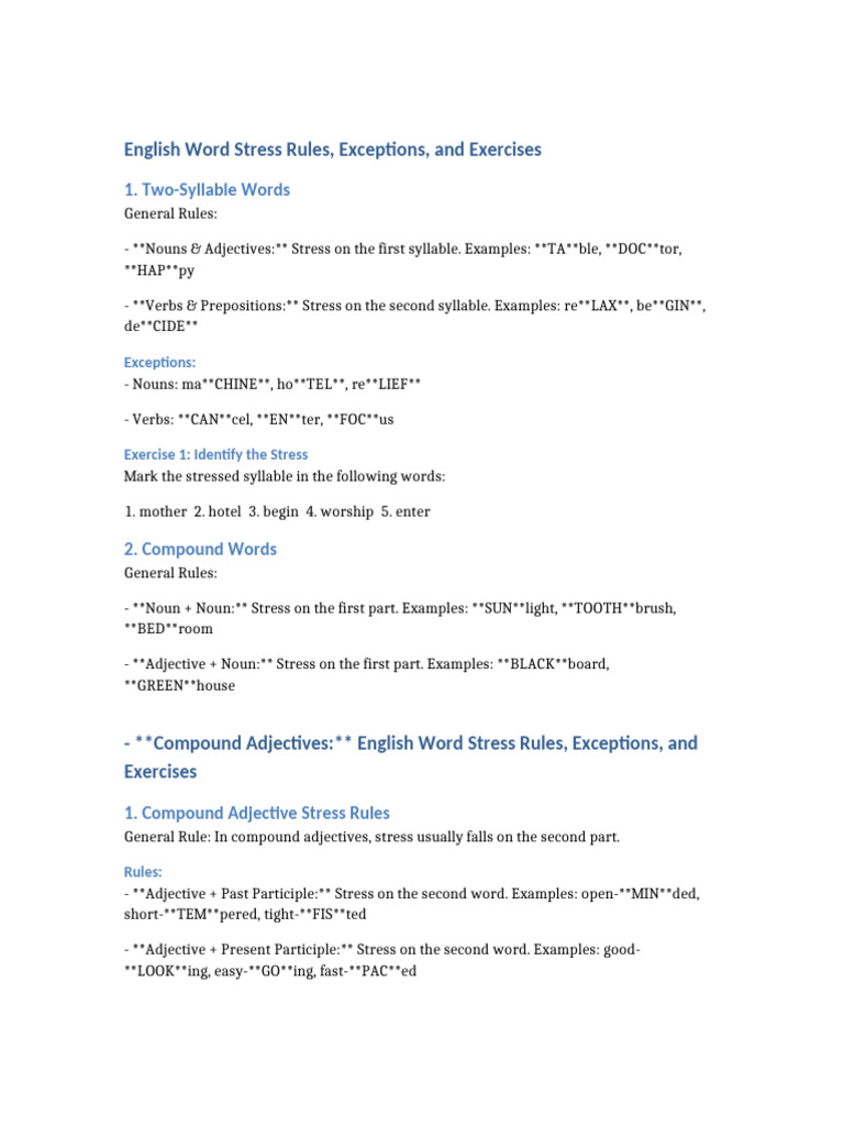English Word Stress Rules With Exercises and Compound Adjectives | PDF ...