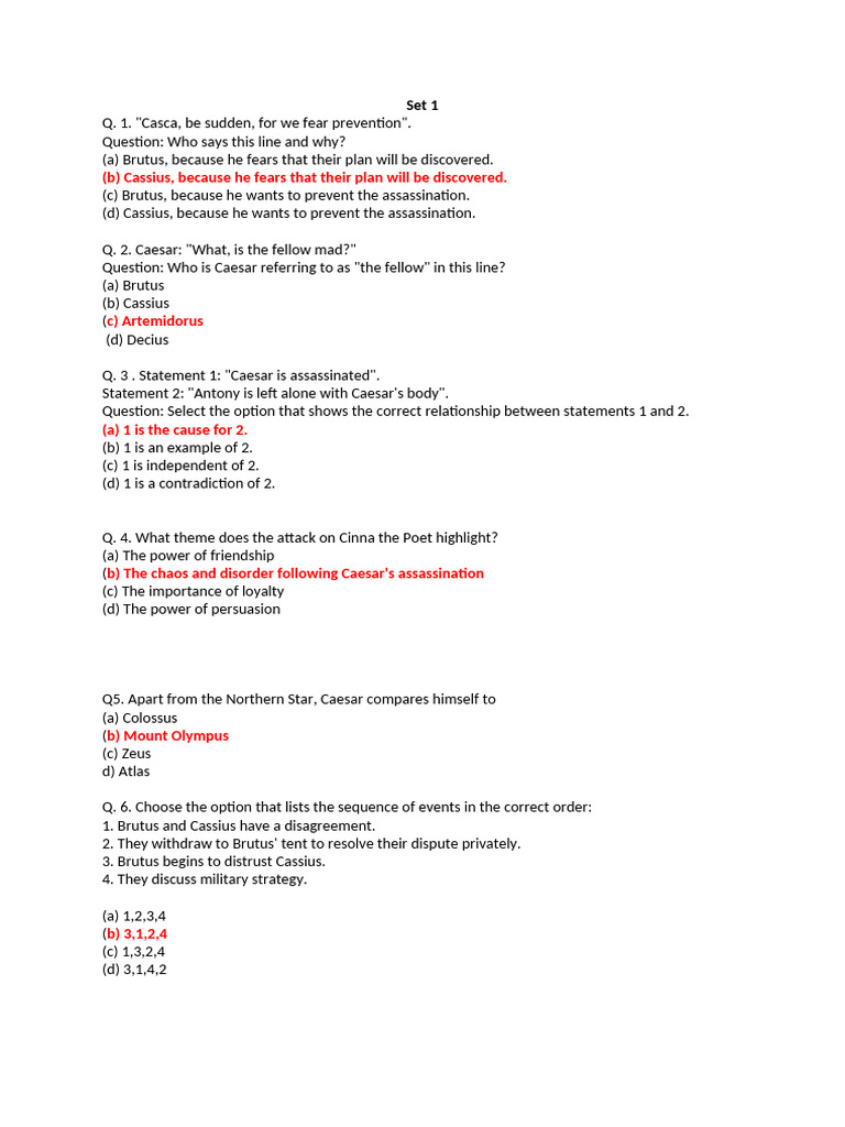 10TH LITERAURE Set 1 Key | PDF | Julius Caesar