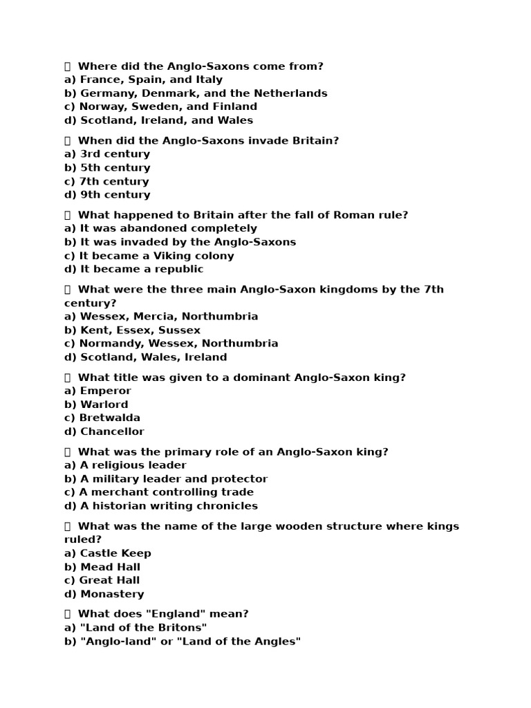 Unit 1 J Chapter Two Questions | PDF | Anglo Saxons | Wessex