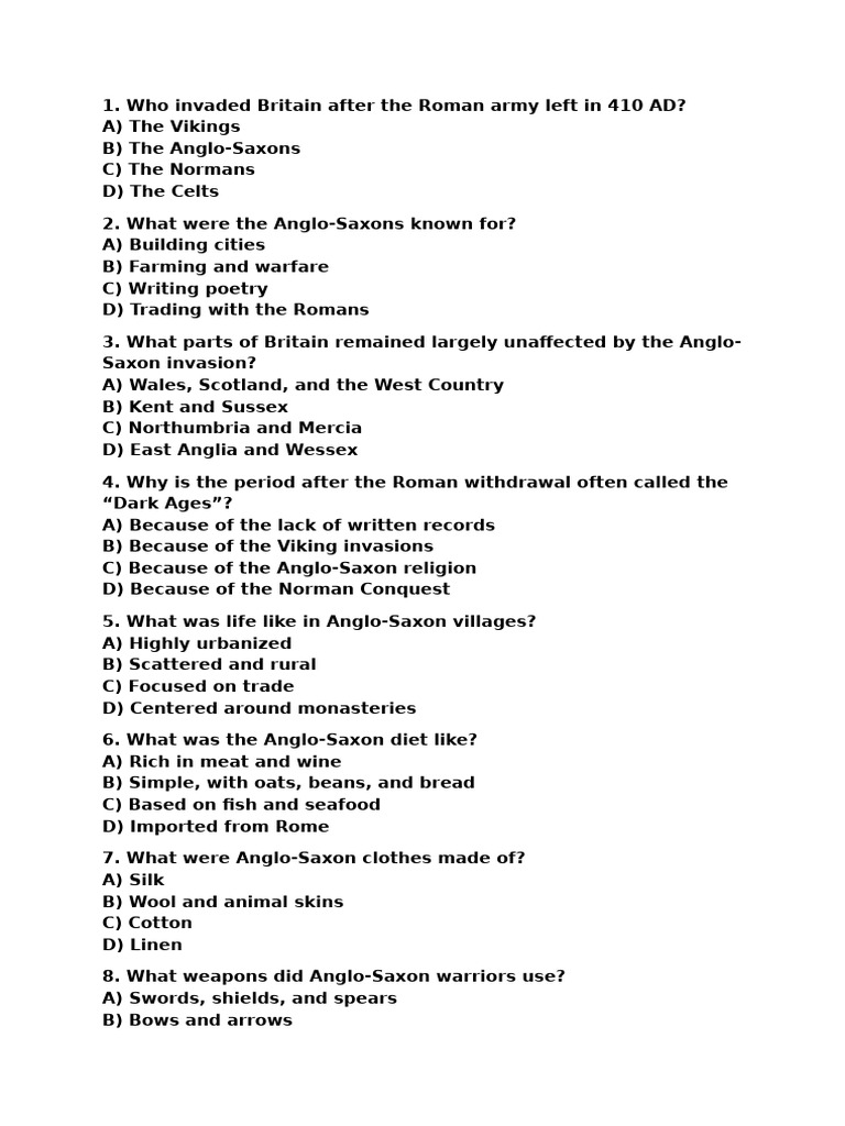 Unit 1, Chapter One Questions | PDF | Anglo Saxons | Vikings