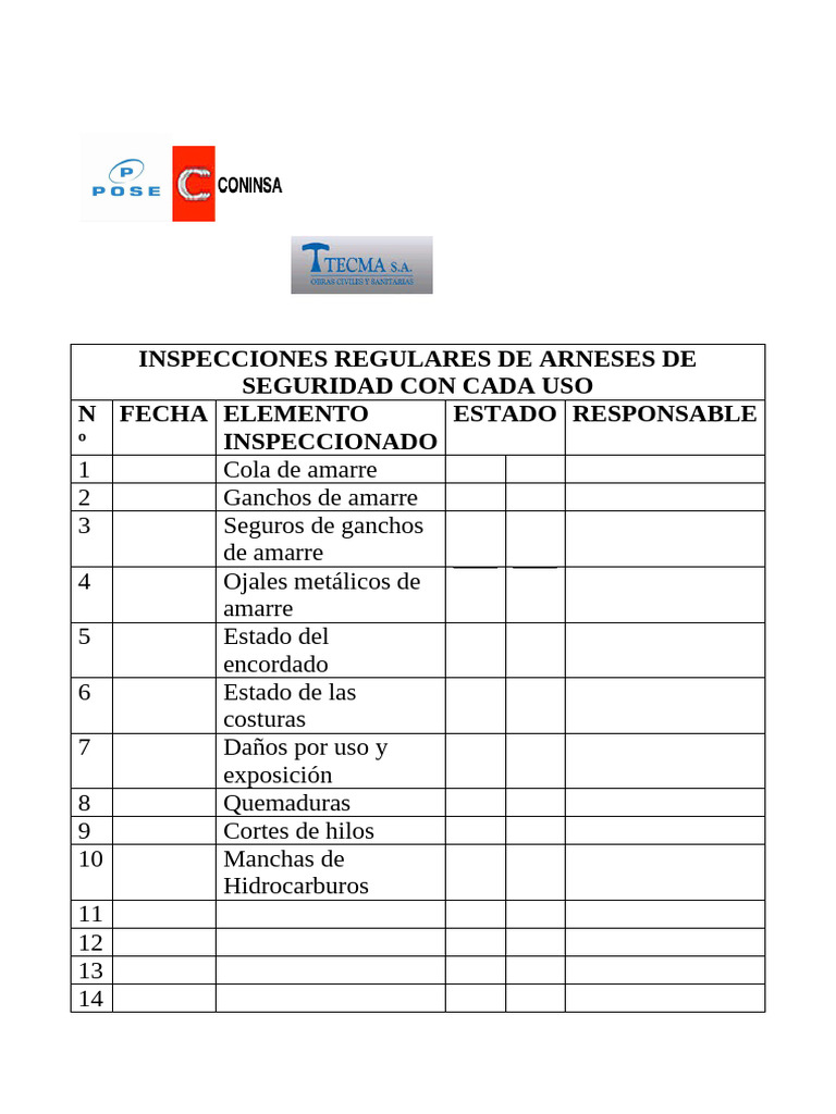 Control de Arneses de Seguridad Ute | PDF