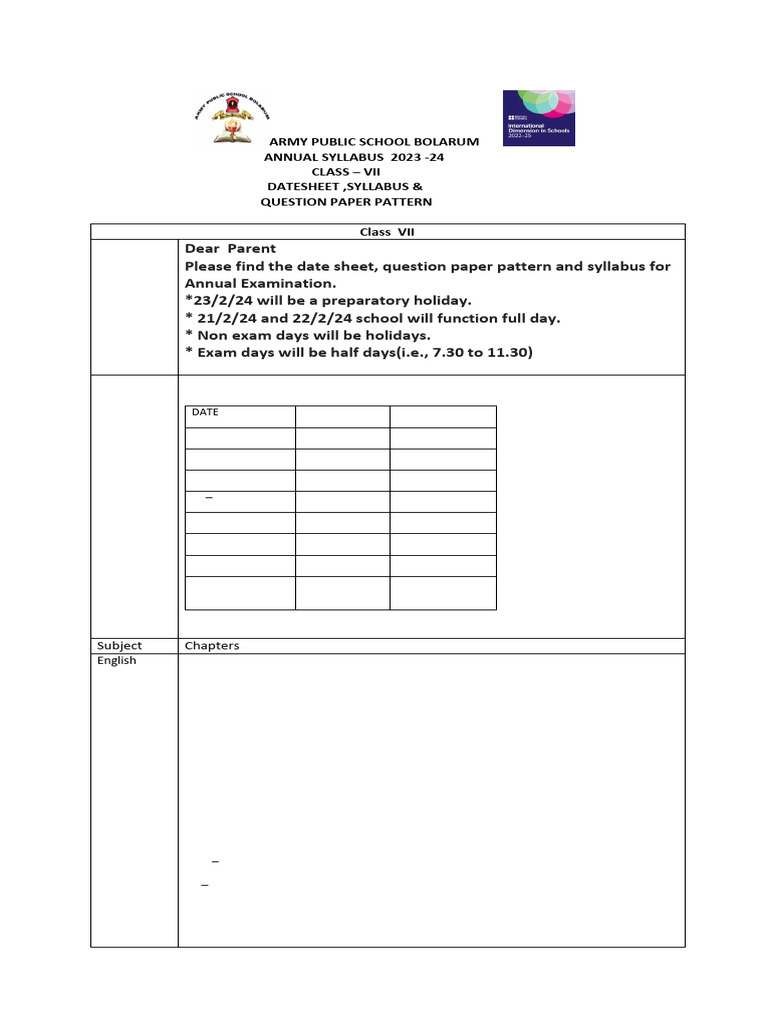 CLASS 7 Annual SYLLABUS 23-24 | PDF