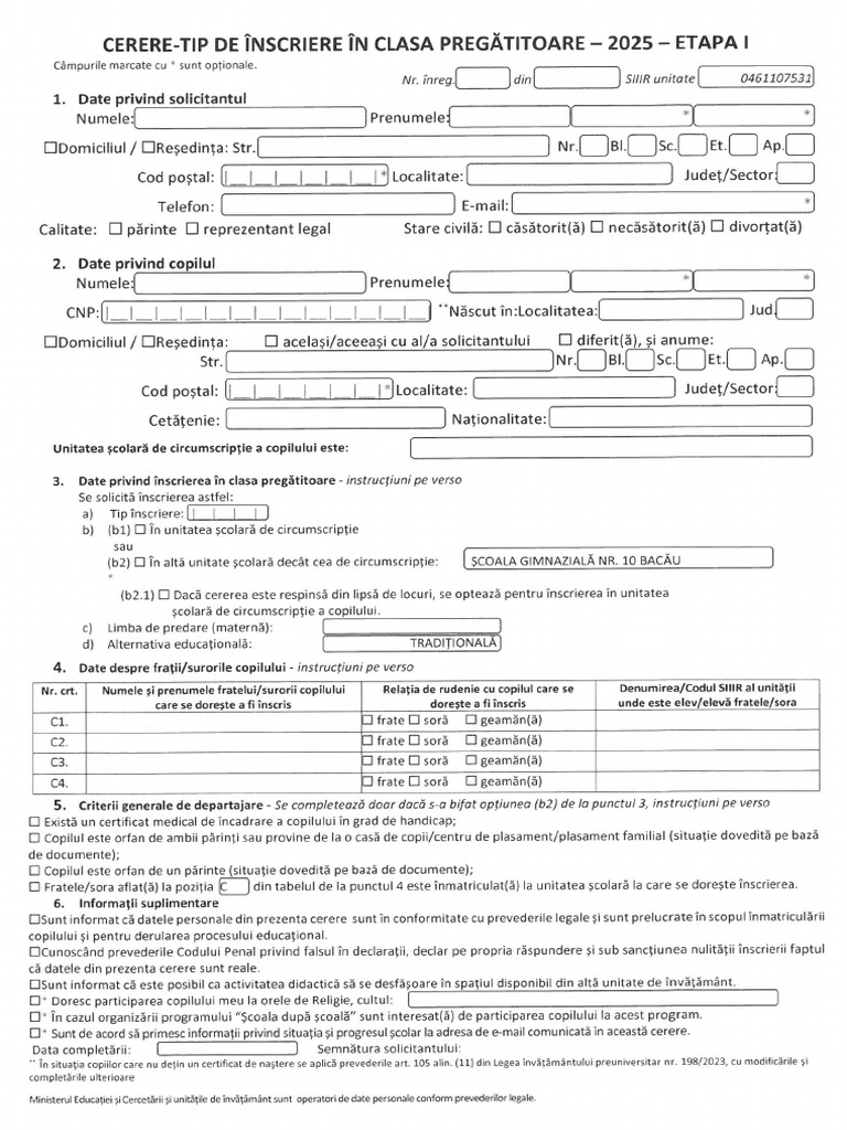 Cerere-Tip de Înscriere În Clasa Pregătitoare-2025-ETAPA I | PDF