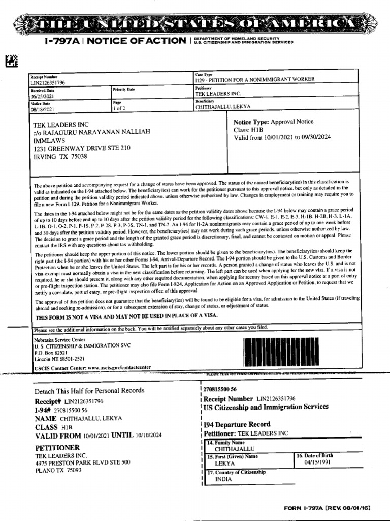 H1B Approval - Lekya | PDF