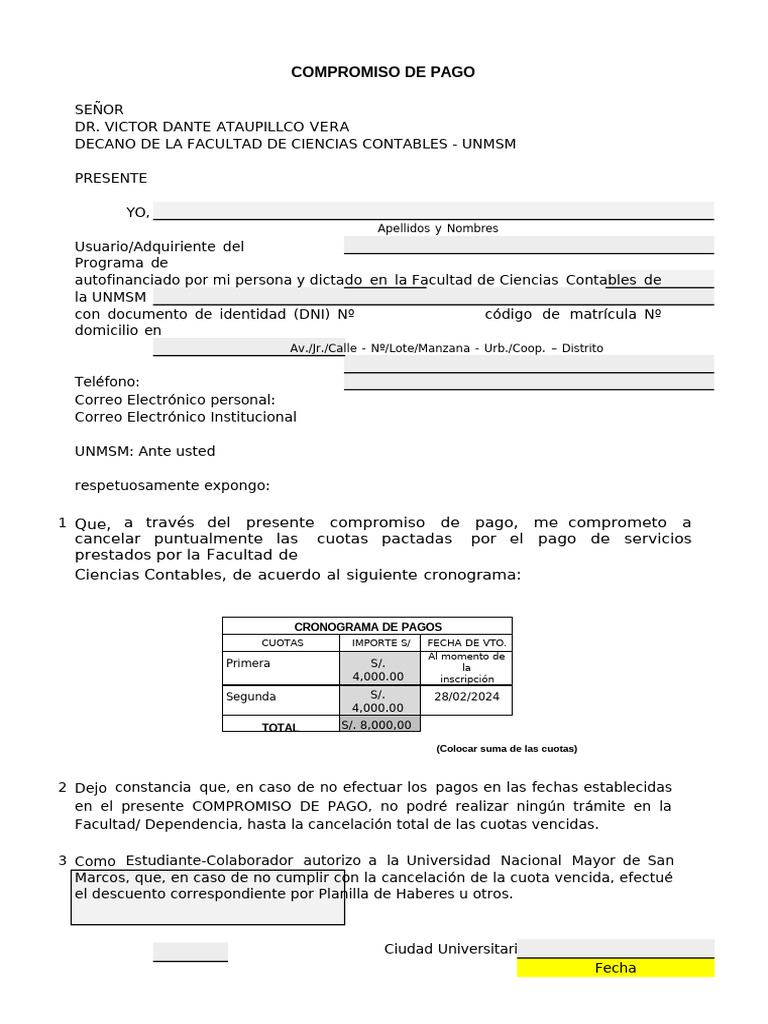 Compromiso de Pago Formato 2023 2 | PDF