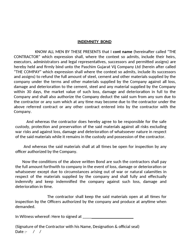 Indemnity Bond for Material Custody | PDF | Indemnity | Contract Law