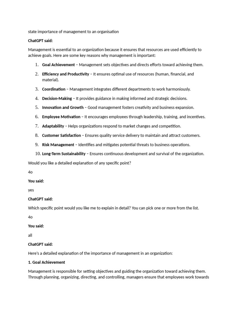 State Importance of Management To An Organisation | PDF | Employment ...