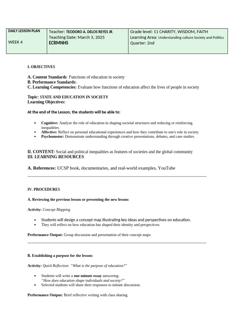 DLL Ucsp Role of Education | PDF | Learning | Critical Thinking