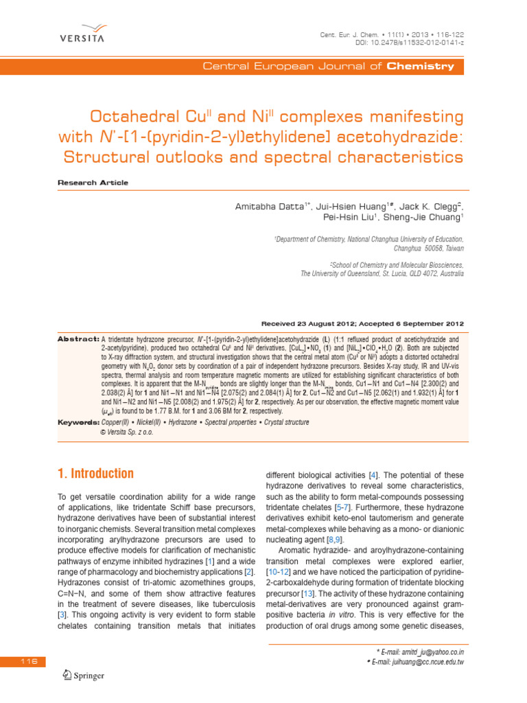 Octahedral CuII and NiII Complexes Manifesting | PDF | Coordination ...