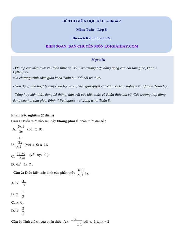 De Thi Giua Hoc Ki 2 Toan 8 de So 2 Ket Noi Tri Thuc 1705916455 | PDF