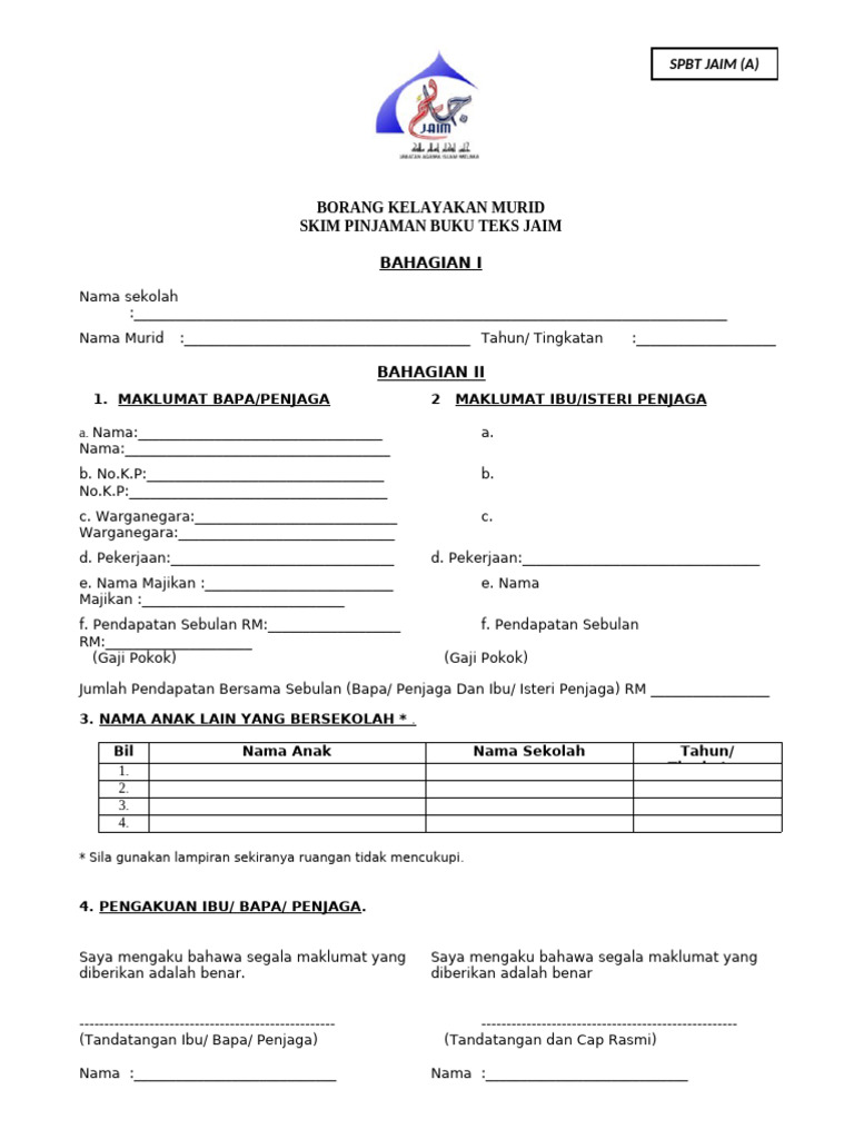 SPBT JAIM (A) - Borang Kelayakan Murid | PDF