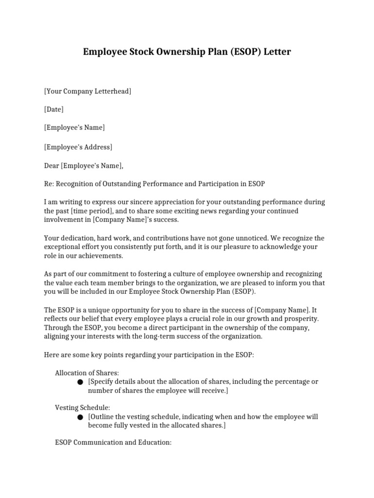Employee Stock Ownership Plan (ESOP) Letter | PDF | Employee Stock ...