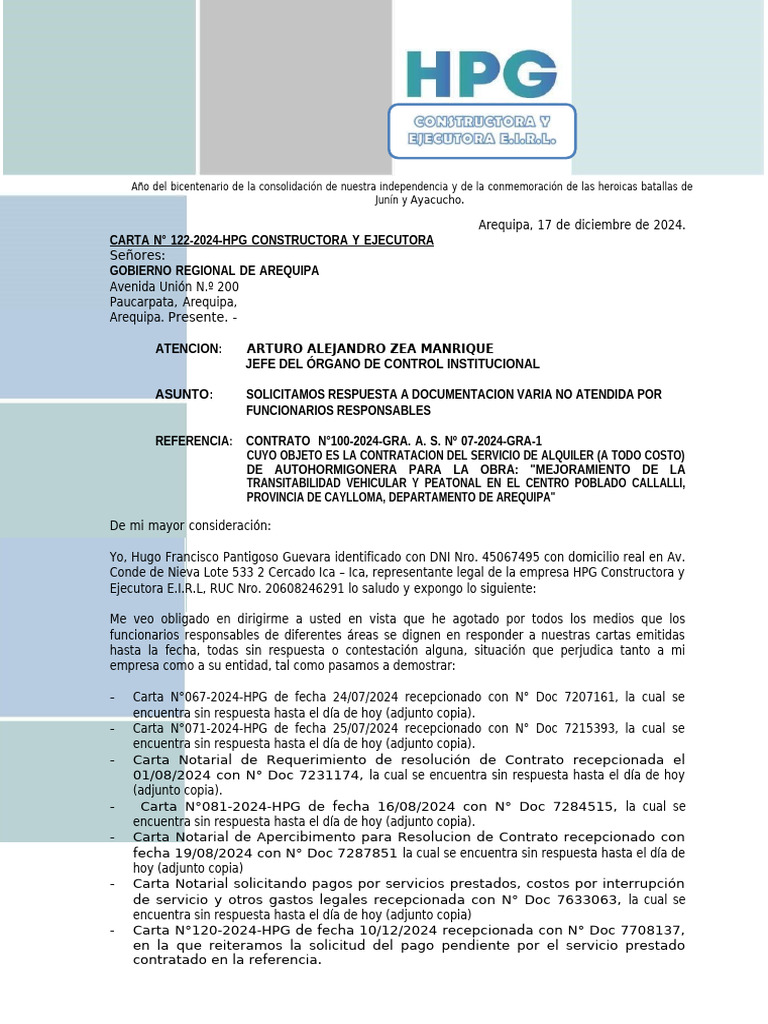 Carta 122 HPG - Callalli | PDF