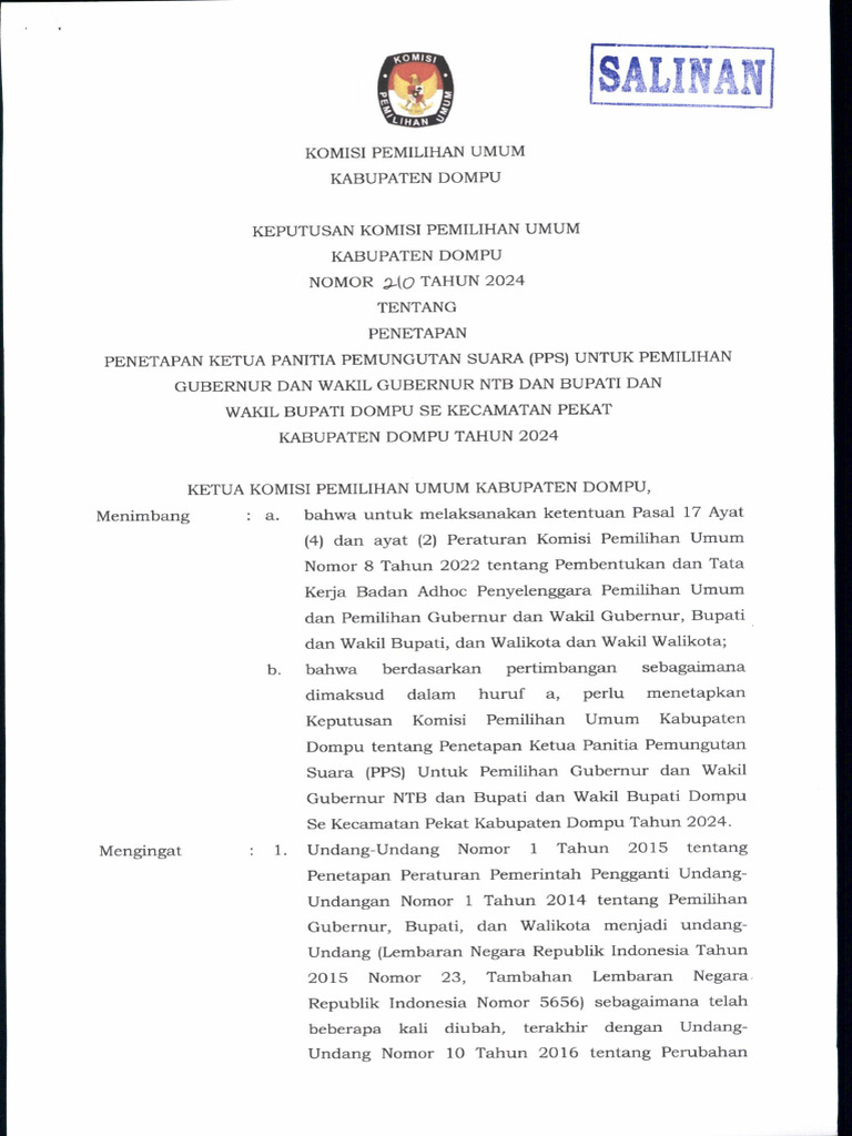 SK Ketua PPS Kec. Pekat | PDF