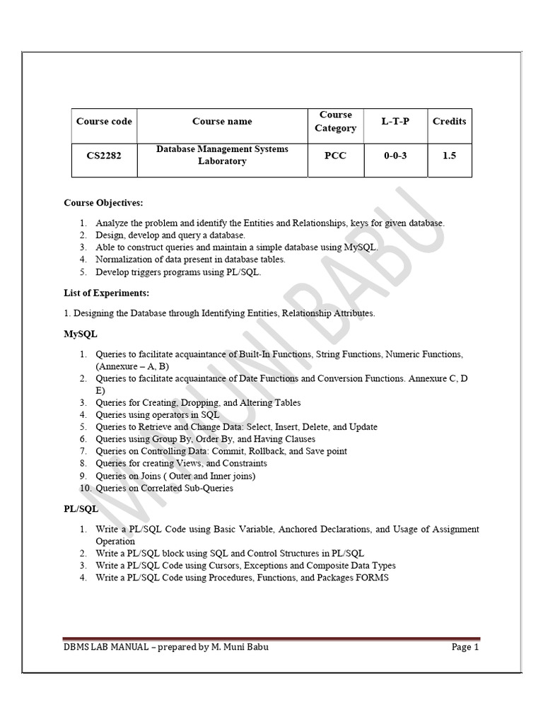 Lab Manual Muni Babu Practice SQL Queries 1 | PDF | Databases | Pl/Sql
