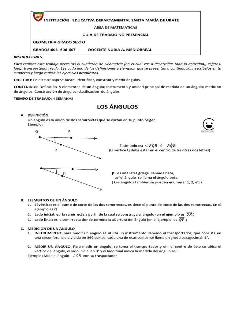 Guia Contenido y Aplicación de Ángulos Geometría Grado 603-606-607-1 ...