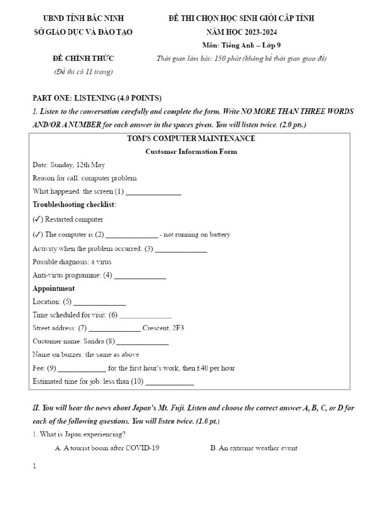 De Thi HSG Anh 9 Bac Ninh 2023 2024docx - 1600 - PDF - Gdrive.vip | PDF