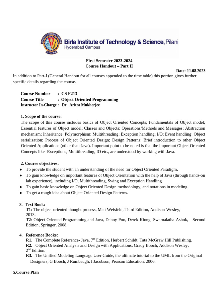 CS F213 OBJECT ORIENTED PROG_HANDOUT | PDF | Class (Computer Programming) | Object Oriented ...