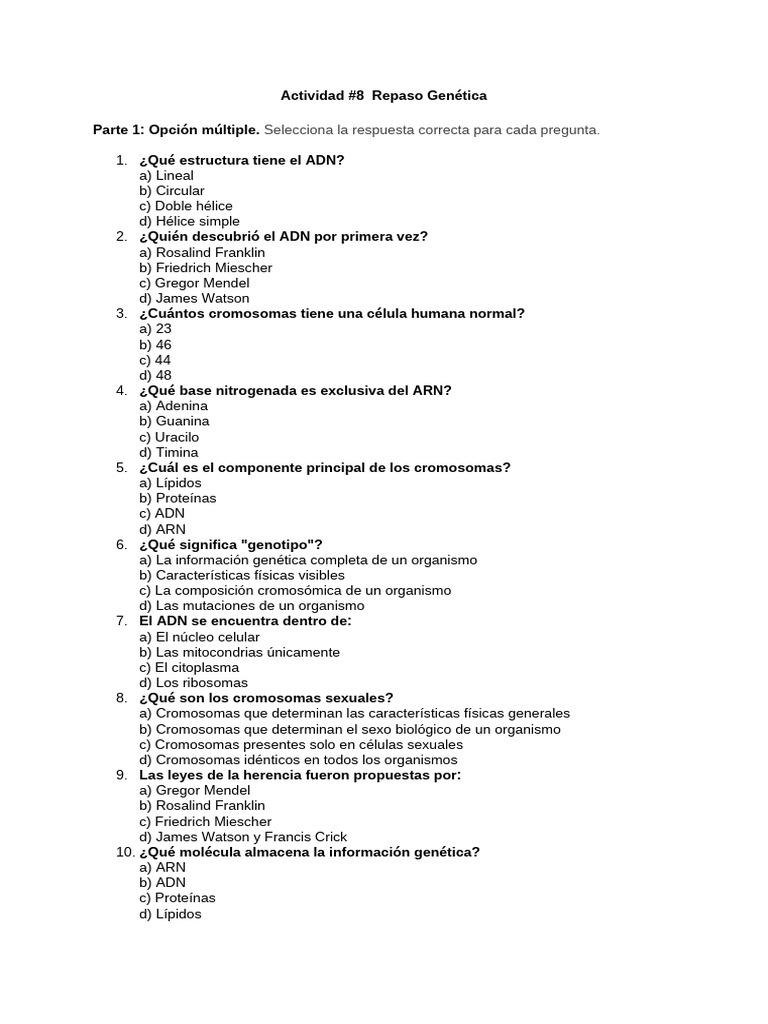 Actividad #8 Repaso Genética | PDF | Adn | Genética