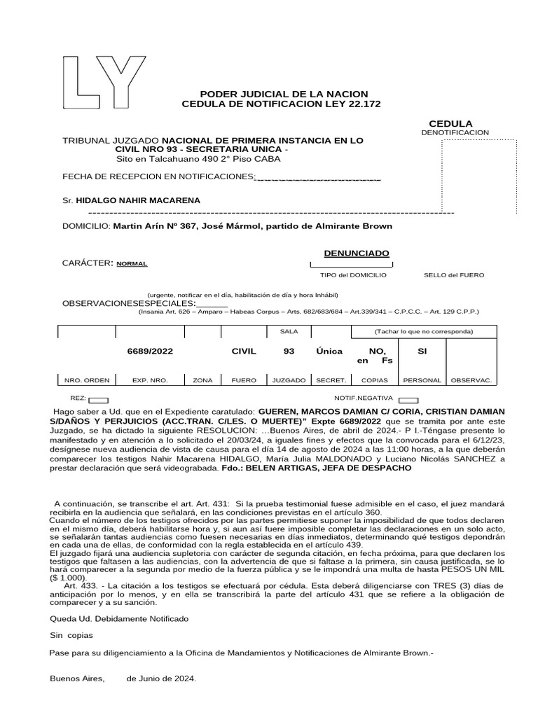 Cedula ley 22.172 HIDALGO | PDF | Gobierno | Separación de poderes