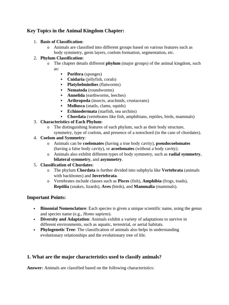 Bio Animal Kingdom Important Quetion Answer | PDF | Invertebrate | Biology