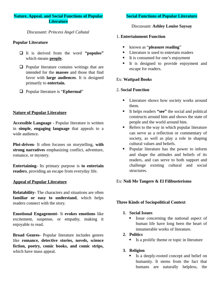 Compiled Handout in Eng Ed 16 Popular Literature | PDF | Comics | Poetry