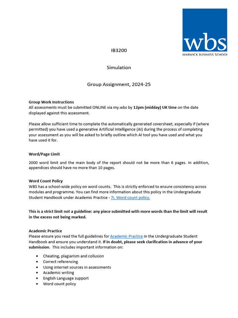 IB3200 Simulation - Group Assignment Instructions 2024 25 | PDF | Conceptual Model | Plagiarism