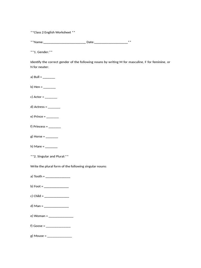 Class 2 English Worksheet | PDF | Grammatical Gender | Plural