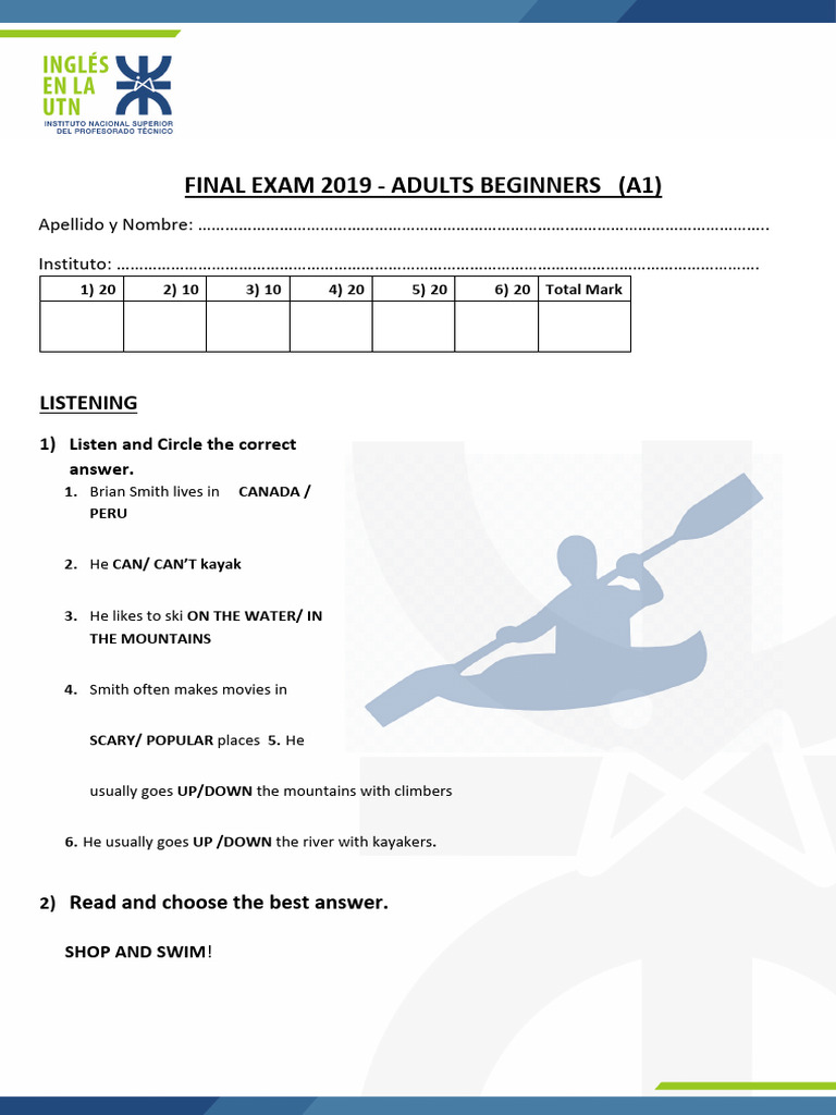 2019 A1 Final Exam for Adults | PDF