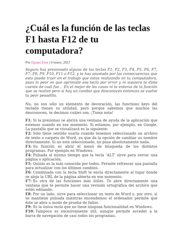 Cuál es la función de las teclas F1 hasta F12 de tu computadora | PDF