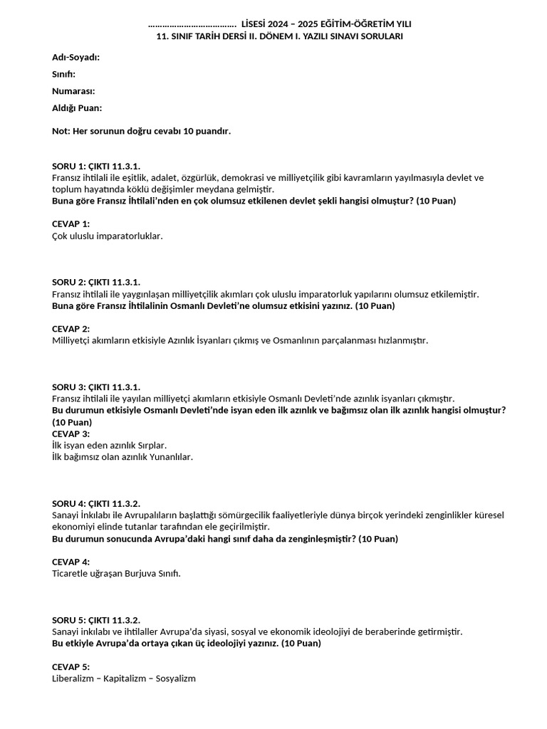 Sinif Tari̇h Ii - Dönem I.yazili Cevap Anahtari | PDF