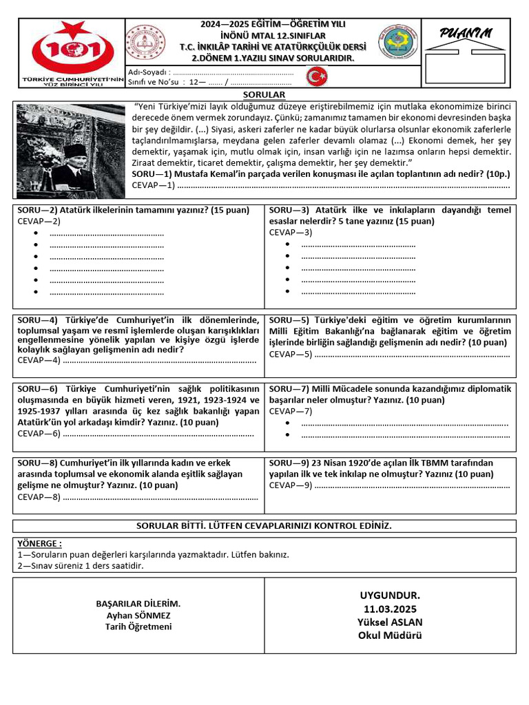 12 - 1 - 2.sinav Sorulari-Cevaplari | PDF