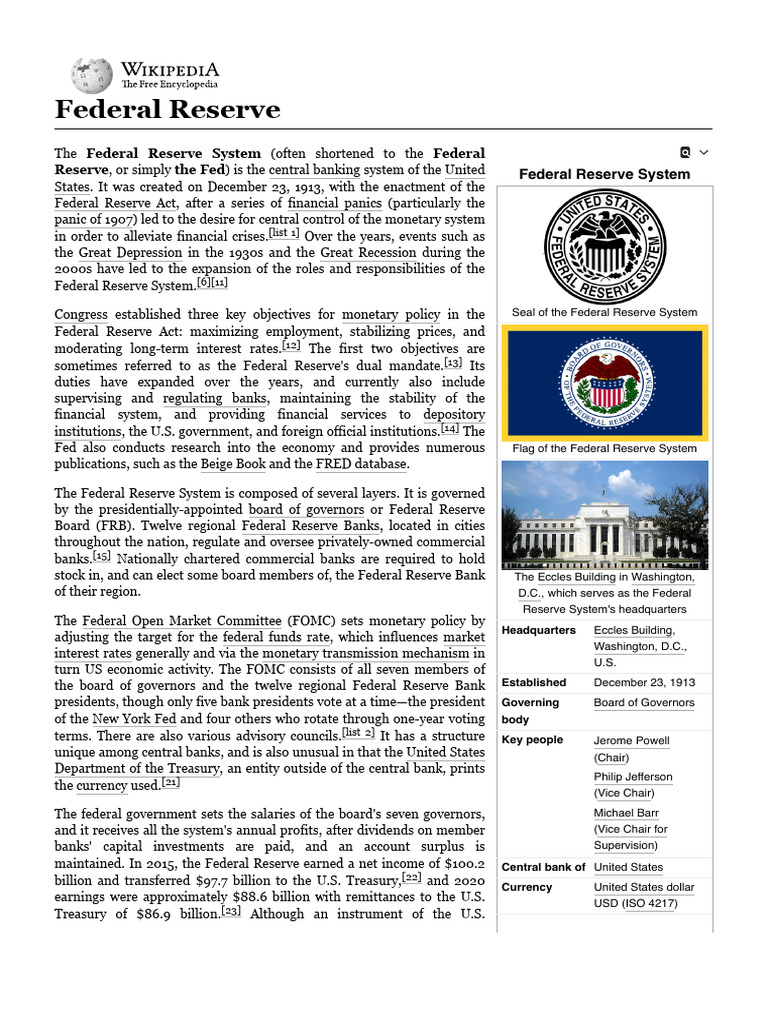 Federal Reserve - Wikipedia | PDF | Federal Reserve | Federal Funds Rate