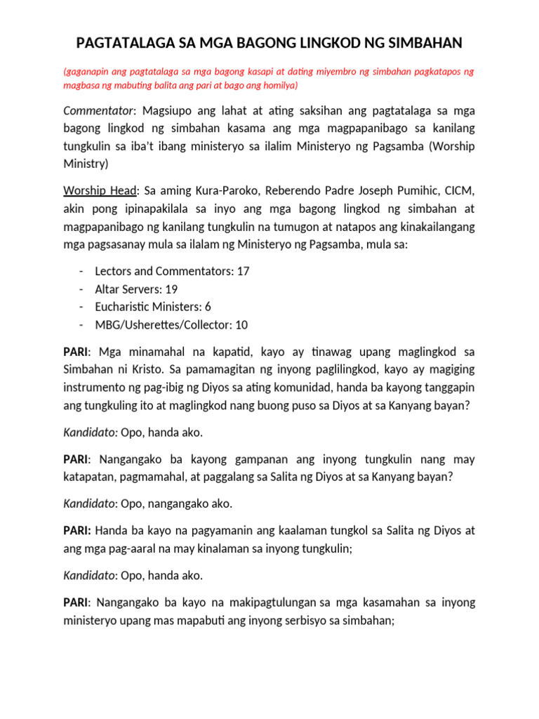 Pagtatalaga Sa Mga Bagong Lingkod NG Simbahan | PDF