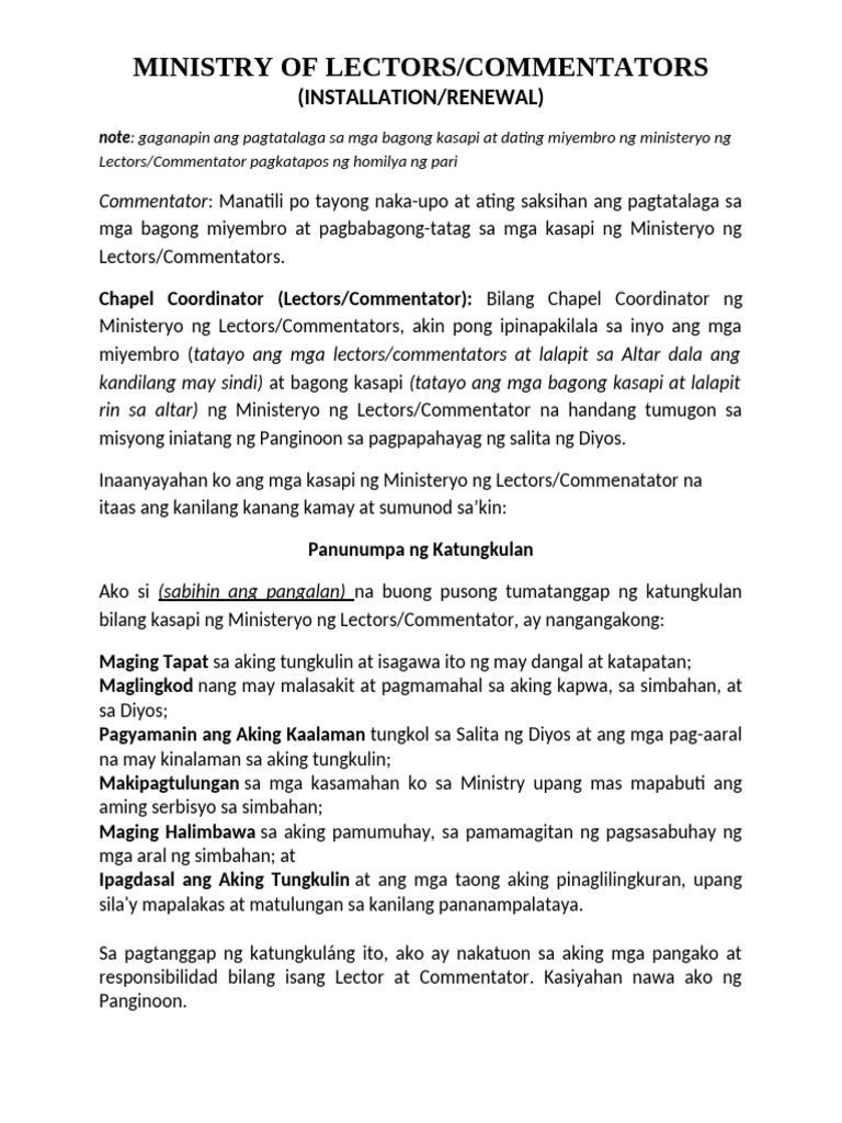 Installation - Renewal (Ministry of Lectors - Commentators) | PDF
