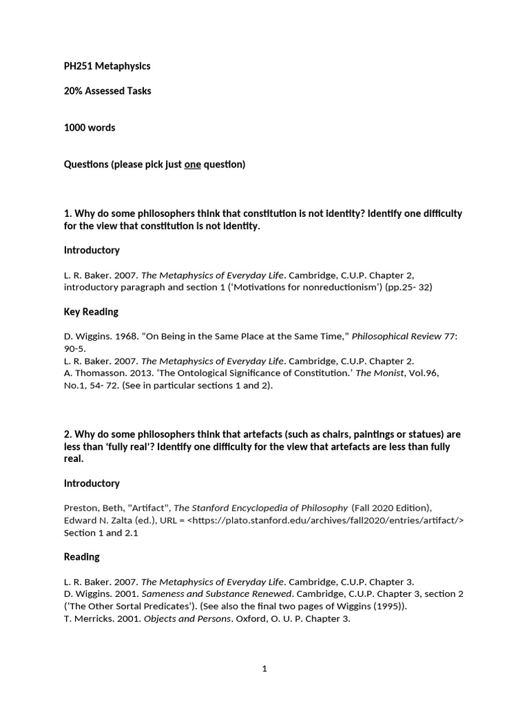 PH251 Metaphysics: Assessed Tasks Guide | PDF | Metaphysics ...