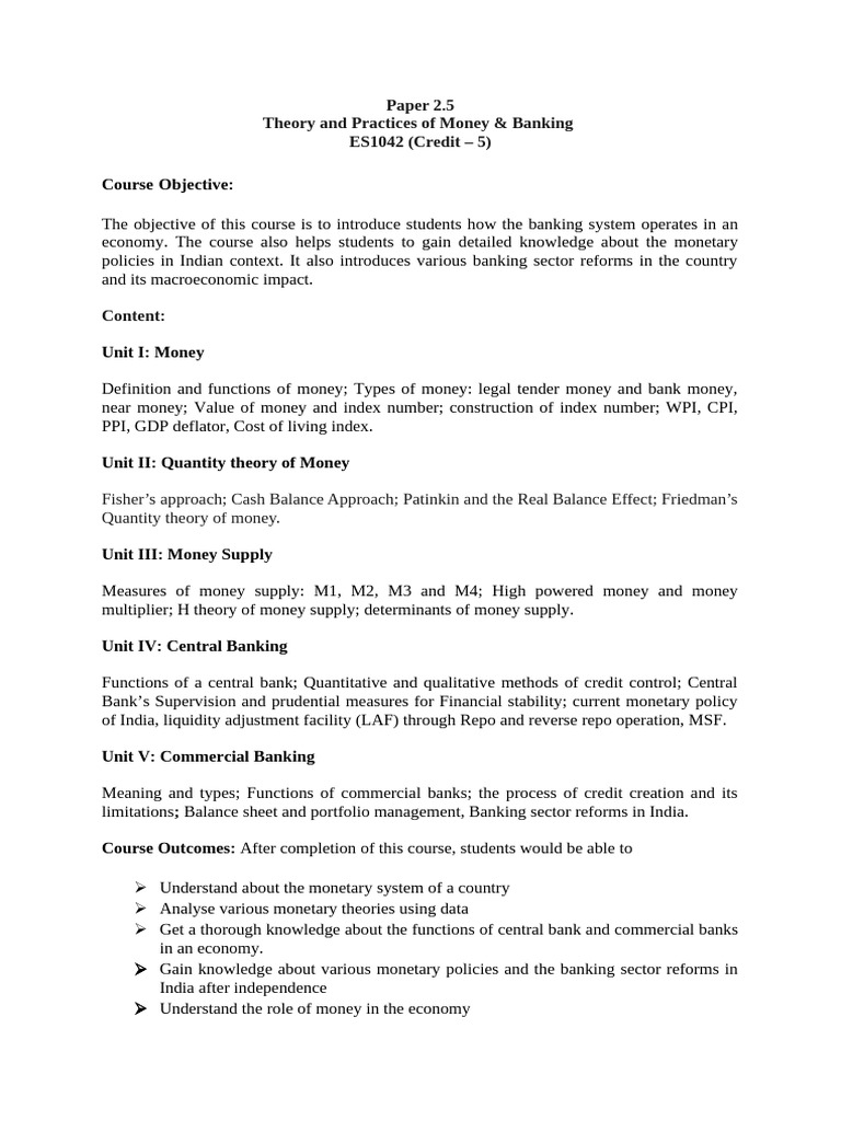 Money and Banking Syllabus | PDF | Cost Of Living | Money Supply