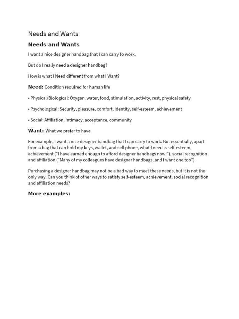 Needs & Wants | PDF