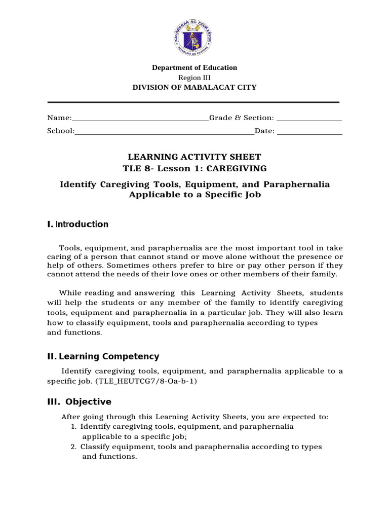 TLE8 - Caregiving - Q2 - Wk1 - Identify Caregiving Tools Equipment and ...