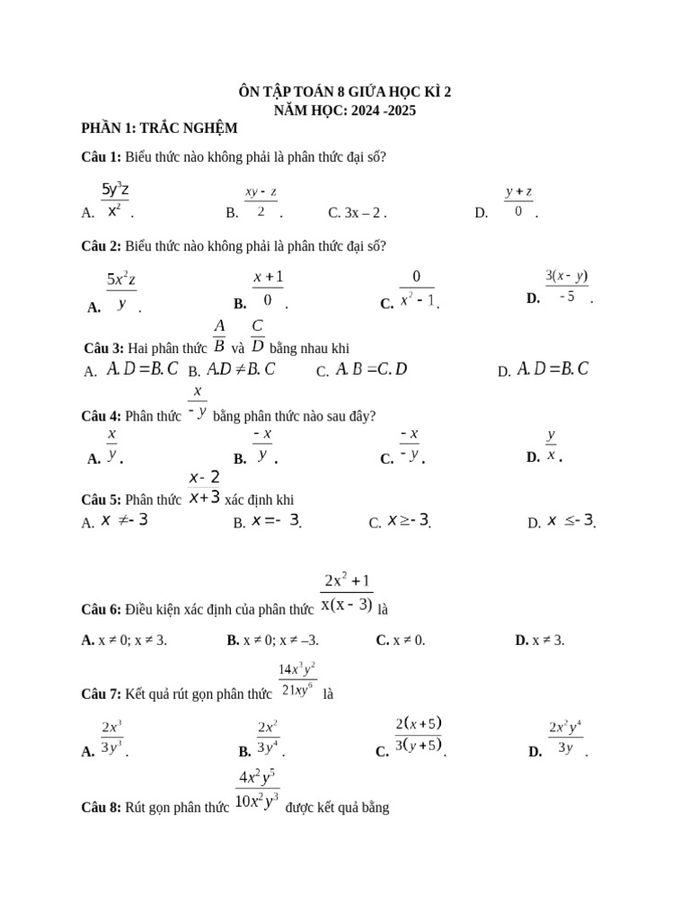 DE CUONG ON TAP GK2 TOAN 8(.2024-2025). | PDF