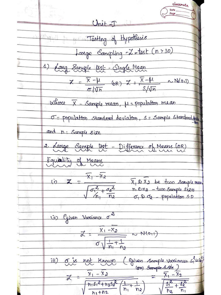 Unit 1 - Formulas For Large and Small Sample Tests | PDF